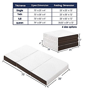 BedLuxury 4 Inch Tri Folding Mattress Twin Size with Storage Bag, Foldable Memory Foam Topper Portable Floor Guest Bed with Removable Bamboo Cover, Breathable Washable