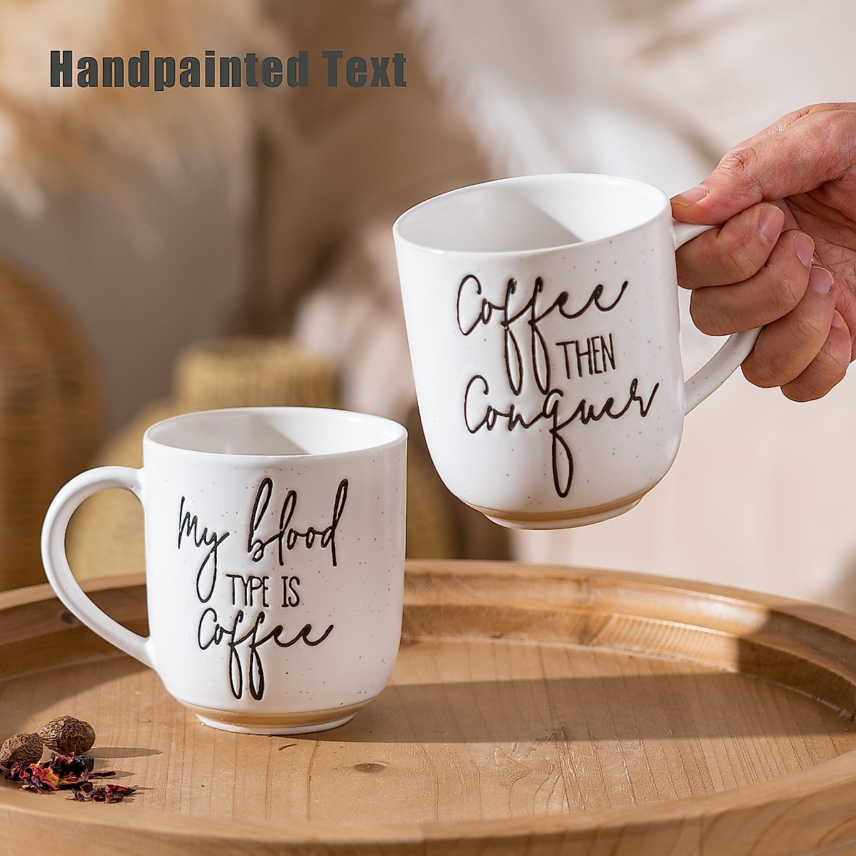 Taimei Teatime 14.5 oz Ceramic Coffee Mug Set of 2, My Blood Type is Coffee & Coffee Then Conquer Coffee Cup Sets, Mugs Gift Set for Couple & Coffee Lovers, Dishwasher and Microwave Safe