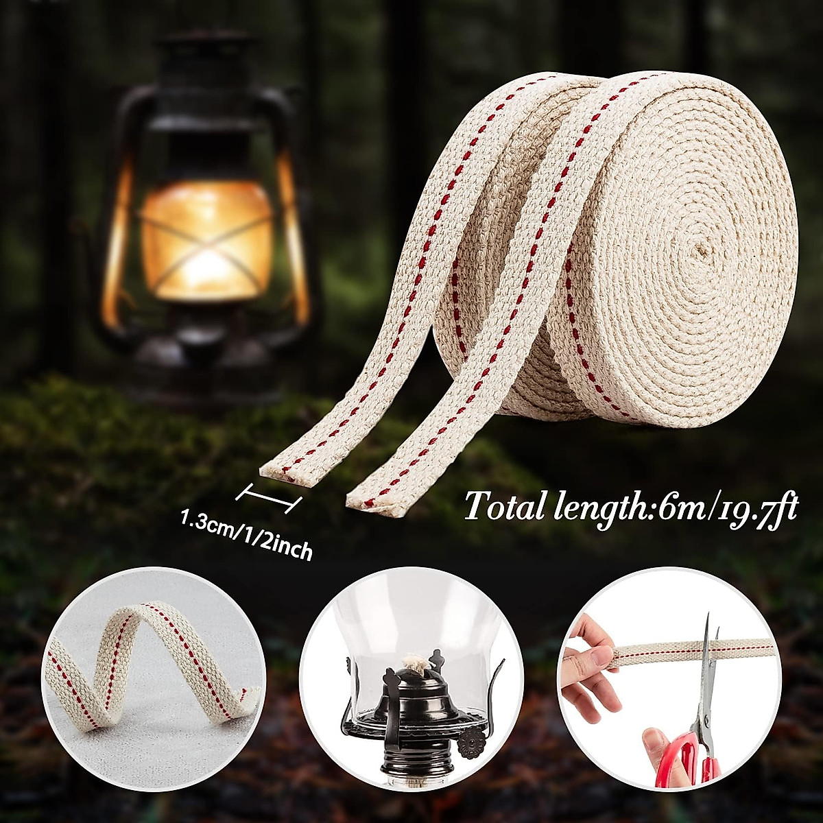Sukh Lamp Wick Lantern Wick - Lantern Wicks 3 Rolls 1/2 Inch Flat Cotton Oil Lamp Wick with Genuine Red Stitch Replacement Oil Lanterns Wick for Paraffin Oil Kerosene Based Lanterns and Candle Burners