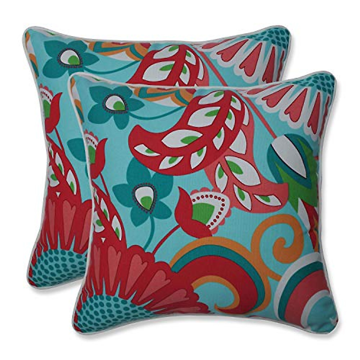 Pillow Perfect Outdoor/Indoor Sophia Turquoise/Coral Throw Pillows, 16.5" x 16.5", Green, 2 Count