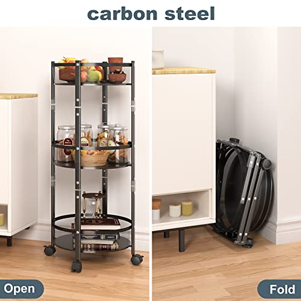 Innotic 3-Tier Rolling Utility Cart, No Assemble, Collapsible Metal Storage Organizer Cart with Lockable Wheels, Multifunctional Trolley for Kitchen, Office, Garden(Black)