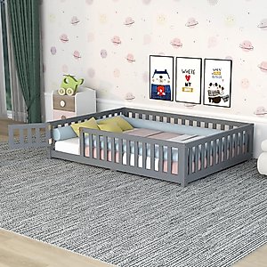 Bellemave Full Size Floor Bed with Fence for Kids,Wood Floor Bed Frame with Door,Removable Slats and Safety Guardrails,Montessori Floor Bed for Girls Boys(Full,Gray)