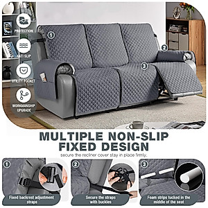 TAOCOCO Anti-Slip Recliner Sofa Cover Couch Covers for Leather Recliner Sofa, Pet Cover for Recliner Sofa, Washable Reclining Furniture Protector with Elastic Straps(3 Seater, Dark Grey)