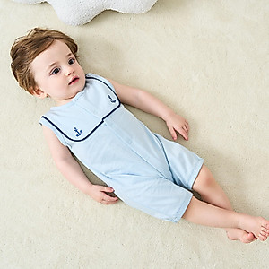pureborn Baby Boy's Nautical Romper Sleeveless Summer Naval Style Cotton Sailor One Piece Outfit Blue Anchor 6-9 Months