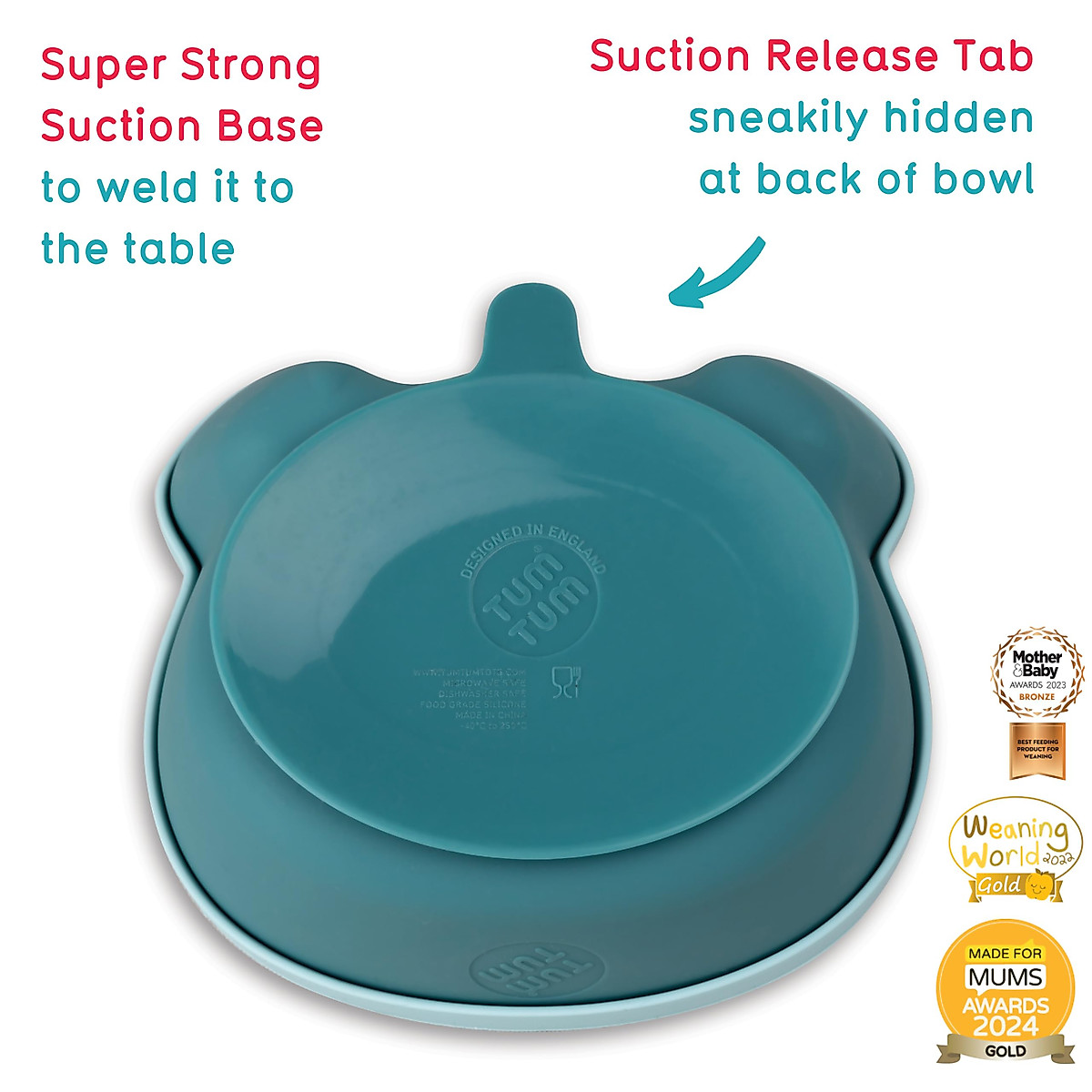 TUM TUM Suction Bowl for Baby, Toddler Bowl with Lid & Spoon, for Babies & Toddlers 6 Months+, BPA Free Silicone Baby Feeding Set, Microwave/Dishwasher/Freezer Safe, Boris Bear, Blue