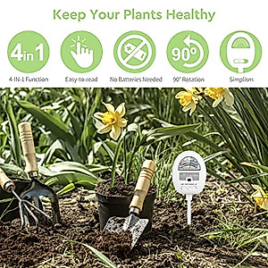 [Upgraded] Soil Moisture Meter, 4-in-1 Soil pH Tester, Soil Moisture/Light/Nutrients/pH Meter for Gardening, Lawn, Farming, Indoor & Outdoor Plants Use, No Batteries Required