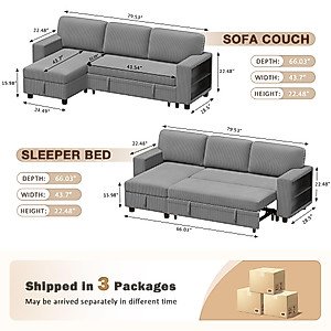 Flamaker 80" Sleeper Sofa, Sofa Bed with Built-in Large Storage and 2 Bookshelves, Convertible Sectional Sofa Couch, Pull Out Couch with USB, Modern Couches for Living Room (Corduroy, Light Grey)