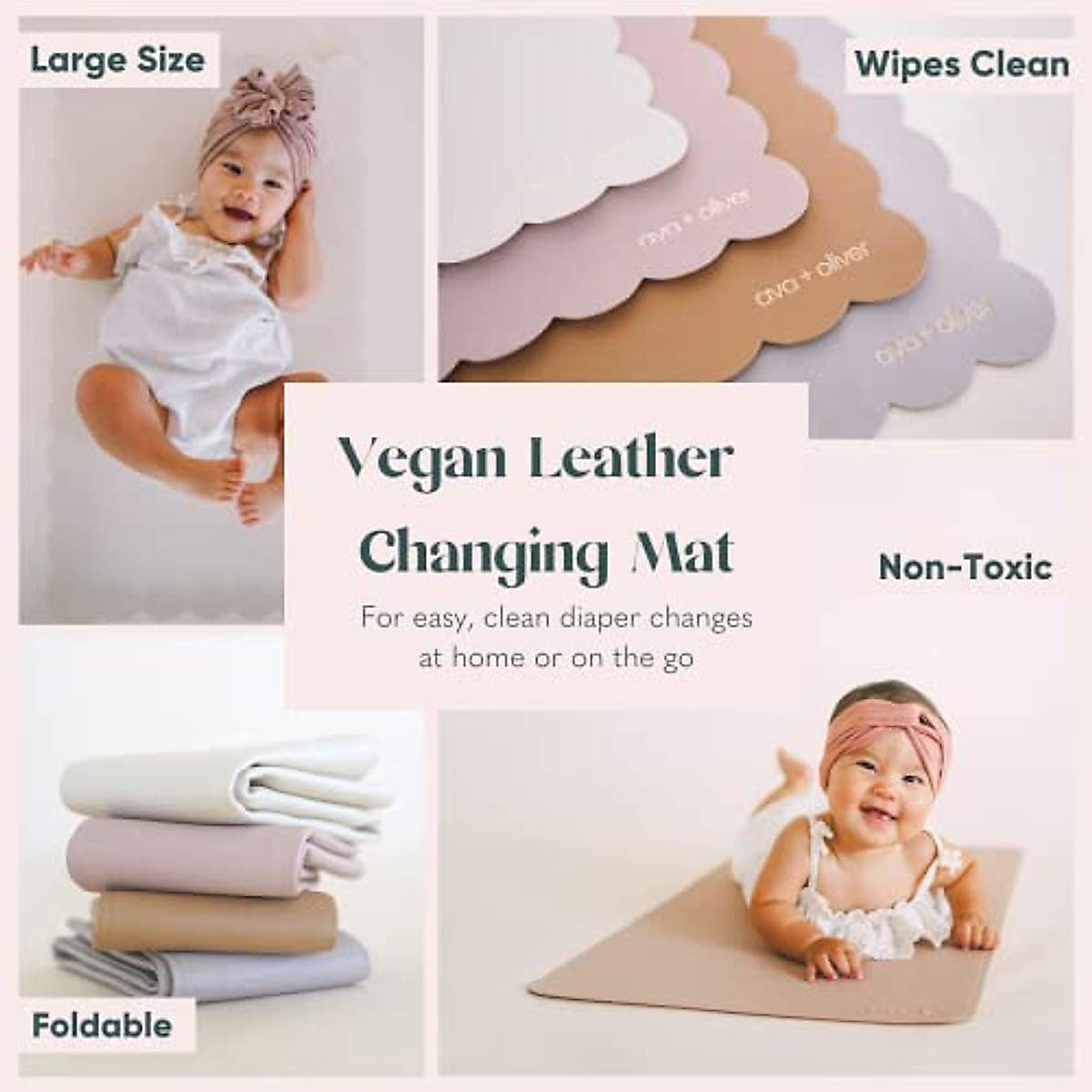 ava + oliver Vegan Leather Baby Changing Mat Bundle | Grey Rectangular and Pink Scallop