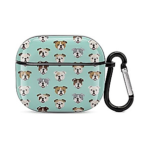 English Bulldog Dog Head Printed Bluetooth Earbuds Case Cover Compatible for Airpods 3 Protective Storage Box with Keychain