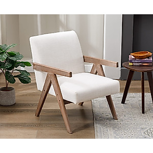 Kmax Beige Accent Chair Linen Fabric Mid Century Modern Living Room Chair Wood Frame for Guest Room Bedroom Reading Leisure Comfy