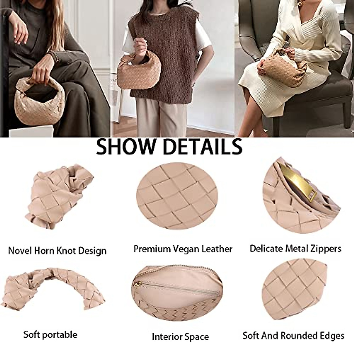 Women Kontted Woven Bag Handbag Hobo Bag Leather Woven Fashion Designer Ladies Clutch Purse Dumpling Shoulder Bag for Women (Khaki)