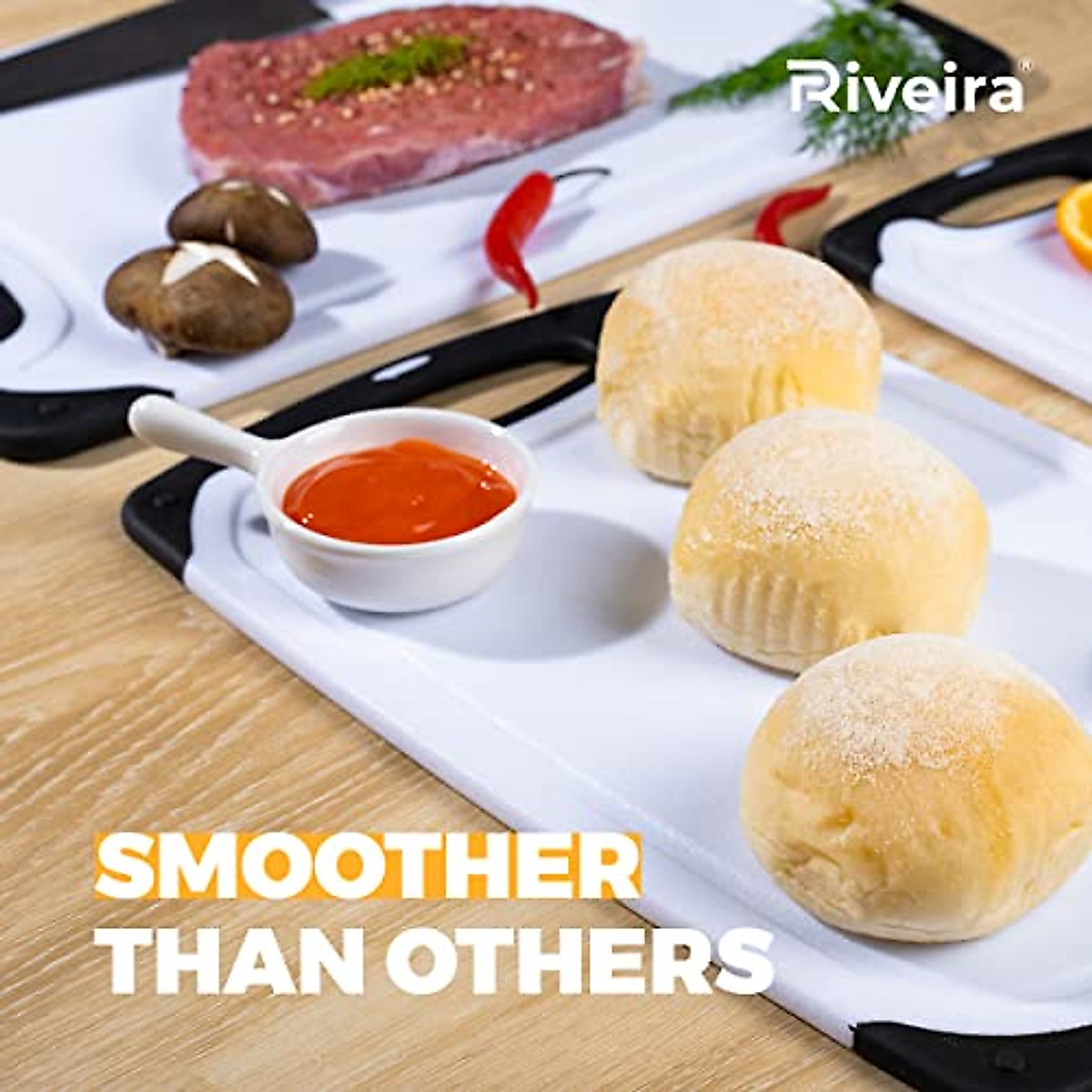 Riveira Plastic Cutting Board Set of 3 - Plastic Cutting Boards for Kitchen Dishwasher Safe Non-Slip - Plastic Cutting Board with Juice Groove - Lg 15.7" x 9.5" - Med 12.4" x 7.7" - Sm 9.8" x 5.8"