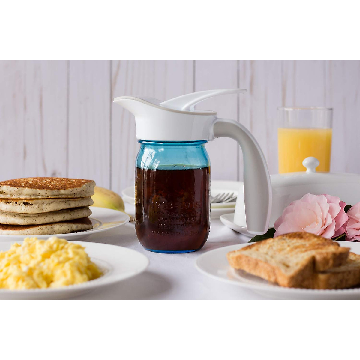 Ergo Spout mason jar pitcher, mason jar pour spout lid, pancake maple syrup dispenser, salad dressing dispenser (REGULAR MOUTH, White)