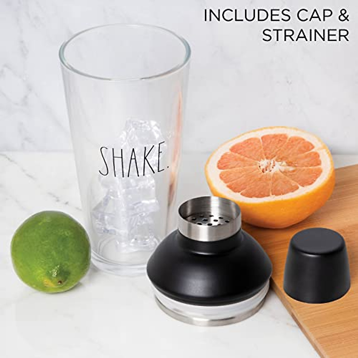 Rae Dunn Glass Cocktail Shaker - Martini Shaker for Drinks - 23 OZ Capacity Glass Margarita Shaker for at Home Bar, Entertaining and Parties (Black)