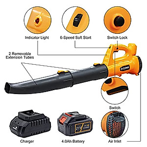 Leaf Blower, 21V Leaf Blower Cordless with 4.0Ah Battery and Charger, 320 CFM 150 MPH 6-Speed 2 Tubes Electric Leaf Blower for Leaves, Snow Debris and Dust Blowing