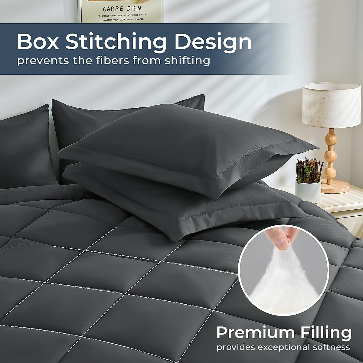 HEVUMYI Twin Comforter Set - 5-Piece All Season Bed in a Bag Twin, Ultra Soft Bedding Set with Comforter, Flat Sheet, Fitted Sheet, Pillowcases, Pillow Shams, Dark Grey