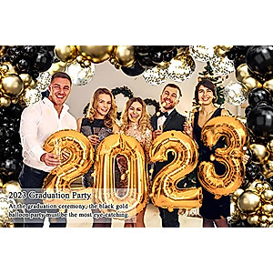 FOTIOMRG 133pcs Black and Gold Balloons Garland Arch Kit with Metallic Gold Confetti Balloons, 5/10/12/18 Inch Black Gold Latex Balloons for Graduation Birthday Wedding Party Decorations