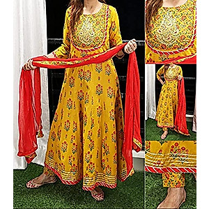 MAHICH WOMEN'S Cotton Anarkali Hand Block Printed Kurti with Pant and Duptta Set_Yellow (XL), X-Large