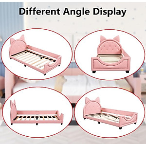 MWrouqfur Twin Size Upholstered Daybed,Wooden Daybed Frame with Carton Ears Shaped Headboard, PU Leather Platform Bed for Girls Boys, Low Profile Single No Box Spring Needed (Pink) (HYYS774)