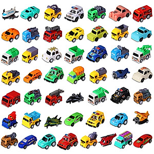 Sratte 50 Pcs Pull Back Cars and Trucks Toy Bulk City Cars Plane Vehicles Model Car Construction Toy Pull Back Digger for Boys and Girls' Education, Party Favor Bulk Cake Decorations Birthday Gift