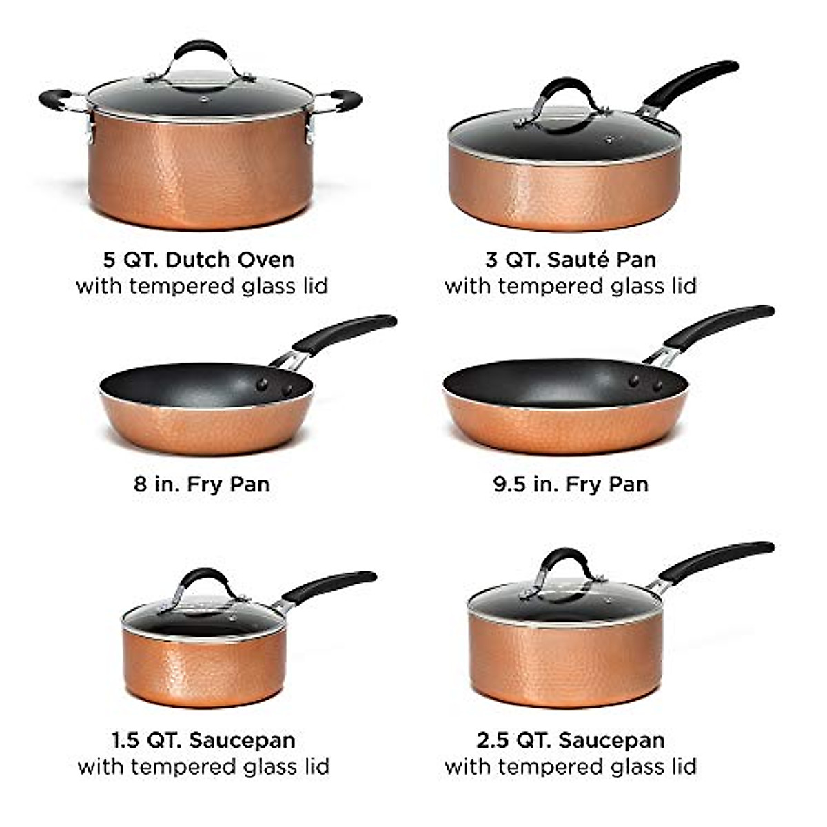 Ecolution Impressions Hammered Nonstick Pots and Pans Set, Dishwasher Safe Cookware with Riveted Stainless Steel Handles, 10-Piece, Copper