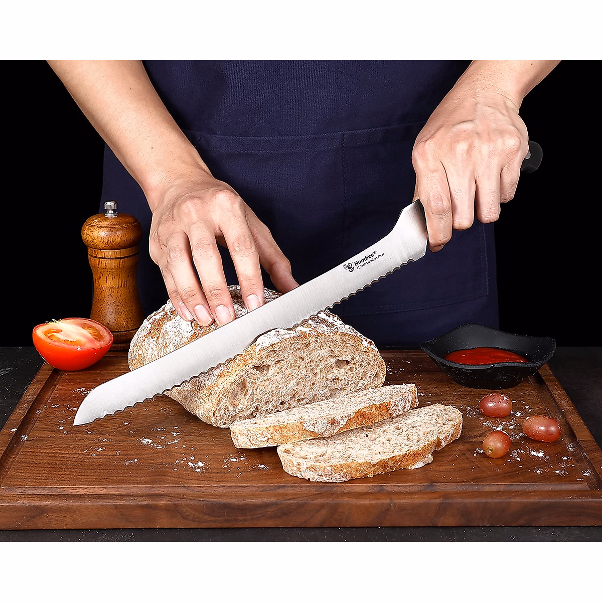HUMBEE, 12 inch Offset Bread Knife Serrated Knife Wave Edge Blade,Black