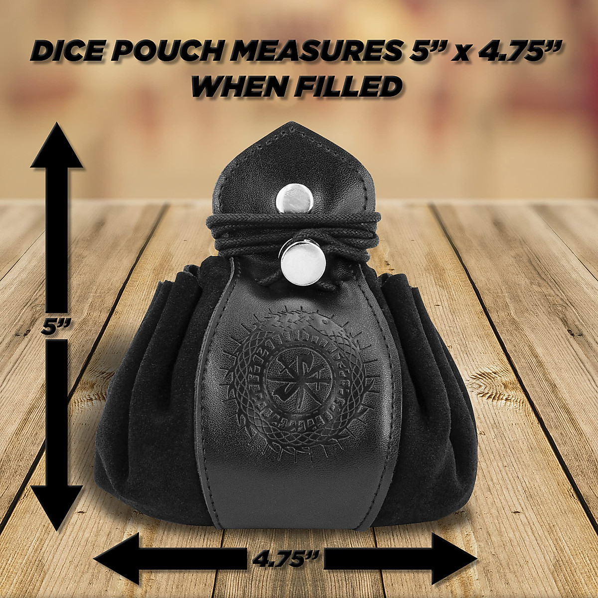 CASEMATIX Leather Dice Bag and Dice Rolling Tray for 50+ RPG Dice - Black DND Dice Bag Leather Drawstring Pouch with Non-Scratch Fabrics, Metal Hardware and Debossed Serpent Design