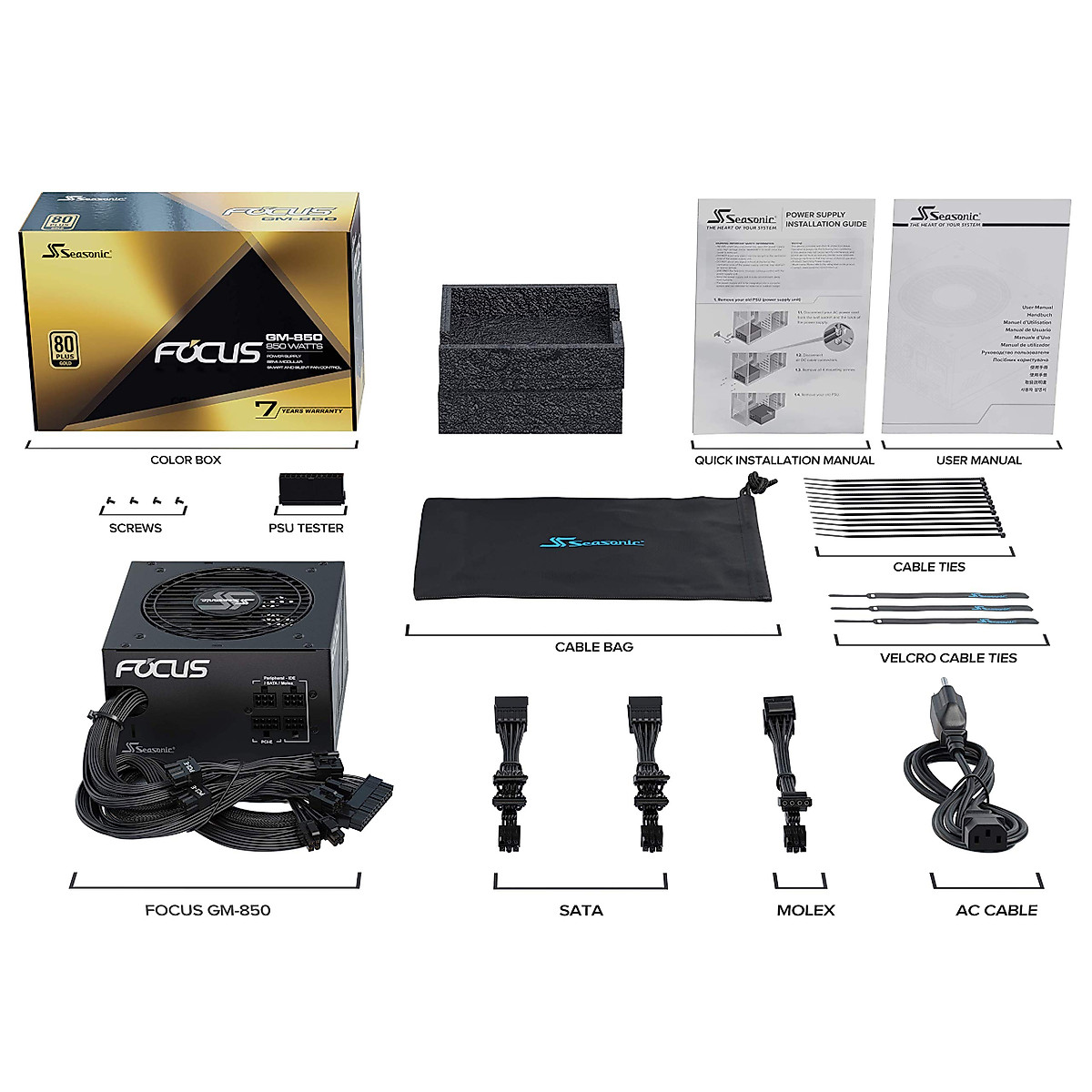 Seasonic Focus SSR-850FM, 850W 80+ Gold, Semi-Modular, Fits All ATX Systems, Fan Control in Silent and Cooling Mode, 7 Year Warranty, Perfect Power Supply for Gaming and Various Application