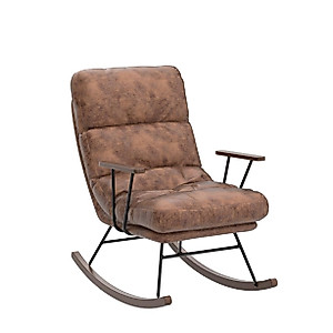 Rocking Chair Mid-Century Modern Nursery Rocking Armchair Glider, Comfy Side Chair for Living Room Bedroom, PU Leather Upholstered Rocker Glider, Brown