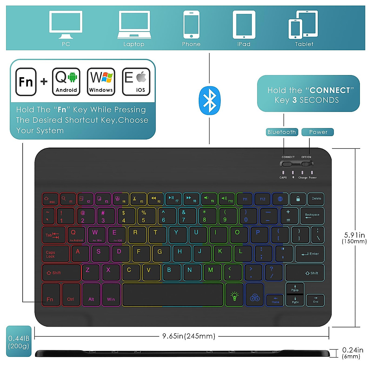 DETUOSI for iPad Air 2 Keyboard Case, for iPad 9.7" 2017/2018 Keyboard Case with Apple Pencil Holder, Detachable Wireless 7-Colors Backlit Keyboard + PU Leather Cover for iPad Pro 9.7", for iPad Air 1