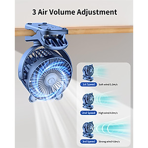 GOTOTO Clip on Fan, Rechargeable Portable Fan with 2000mAh Battery Operated, Small Fan with Powerful Clip Design, 3 Wind Speed, 360° Rotation, Ultra-Low Noise Level Personal Fan for Travel