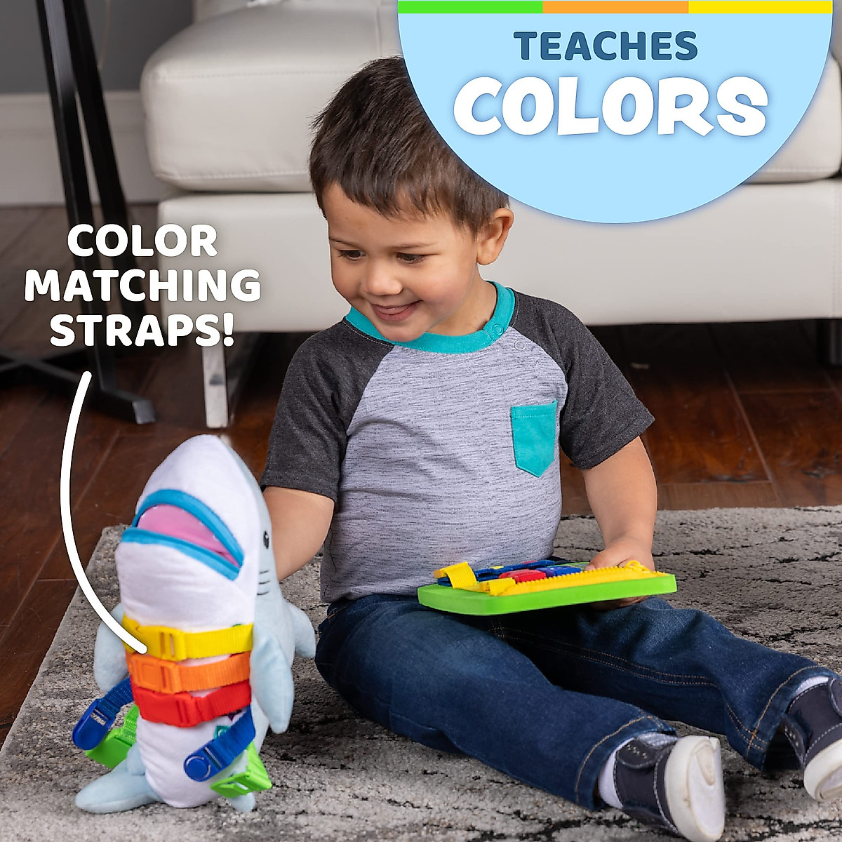 Buckle Toys - Bruce Shark Stuffed Animal - Montessori Learning Activity Travel Toy for Toddlers - Develop Motor Skills and Problem Solving