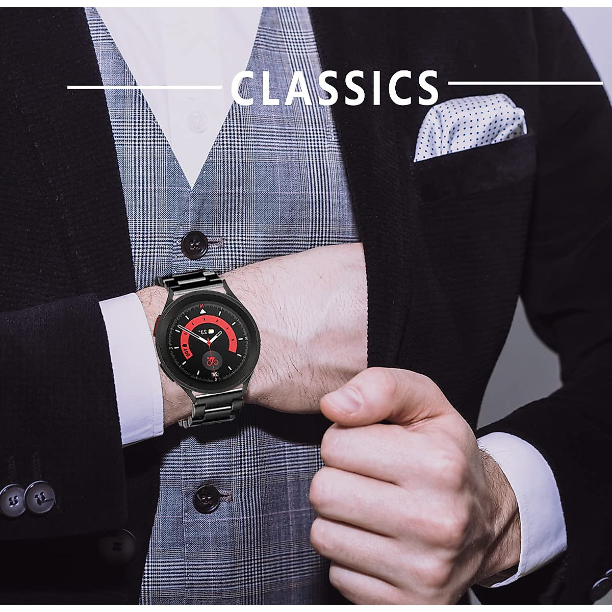 Olytop Galaxy Watch 4/6/7 Classic 47mm 46mm 43mm 42mm/5 Pro 45mm Bands, Samsung Galaxy Watch 7/FE/6/5/4 Bands 44mm 40mm, 20mm Metal Stainless Steel Replacement Wristband Strap for Men Women, Black