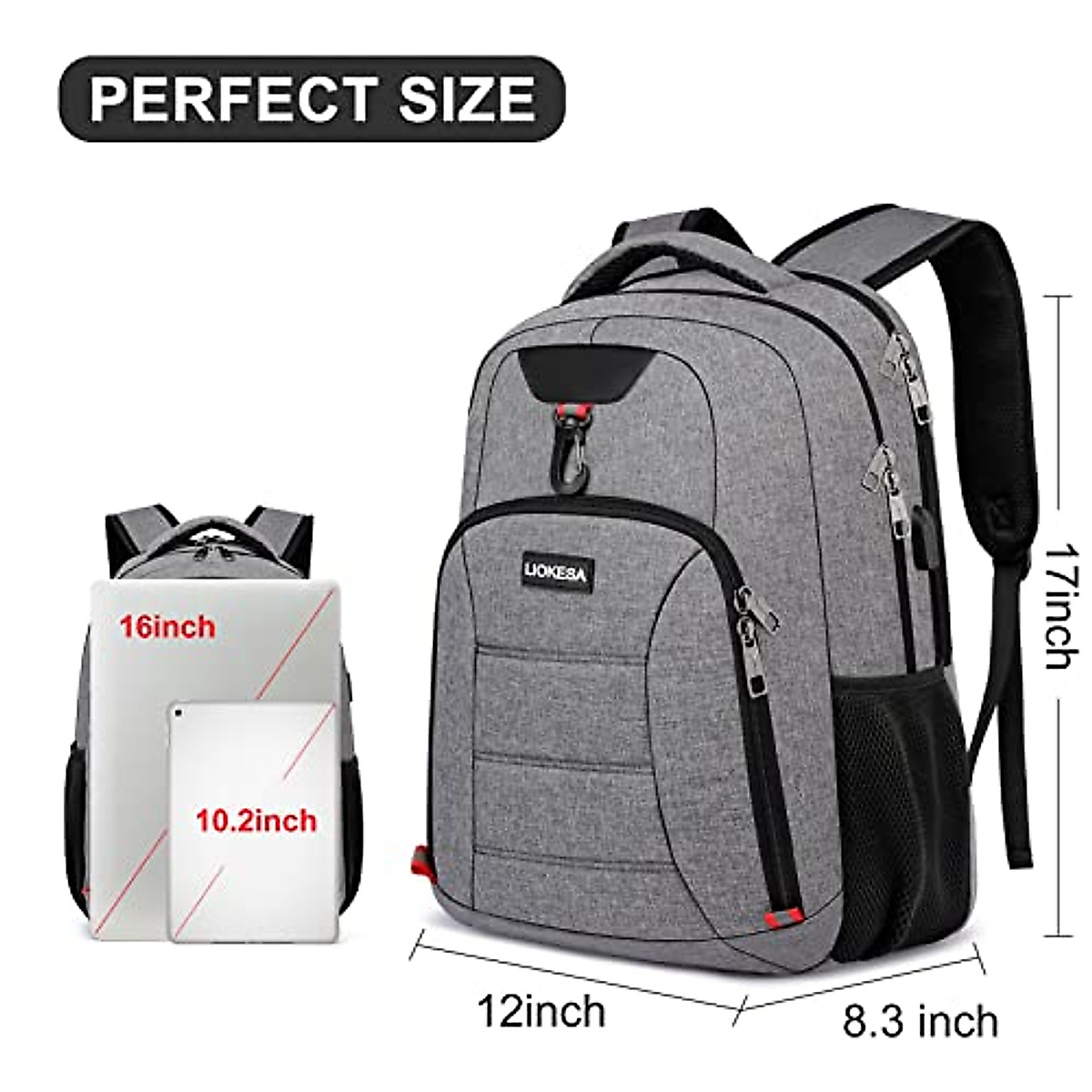 Liokesa Laptop Backpack for Men, School Backpack for Teen Boys with USB Charging Port, Travel Water Resistant Students Book Bags, Large College Work Back Pack Fit 15.6 Inch Laptop, Grey