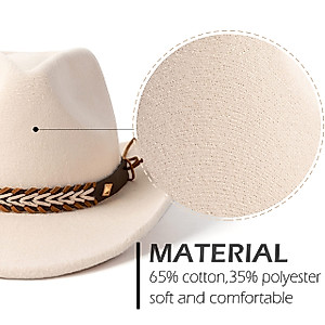 Gossifan Western Cowboy & Cowgirl Hat Felt Wide Brim Women Men Fedora Hats-Beige