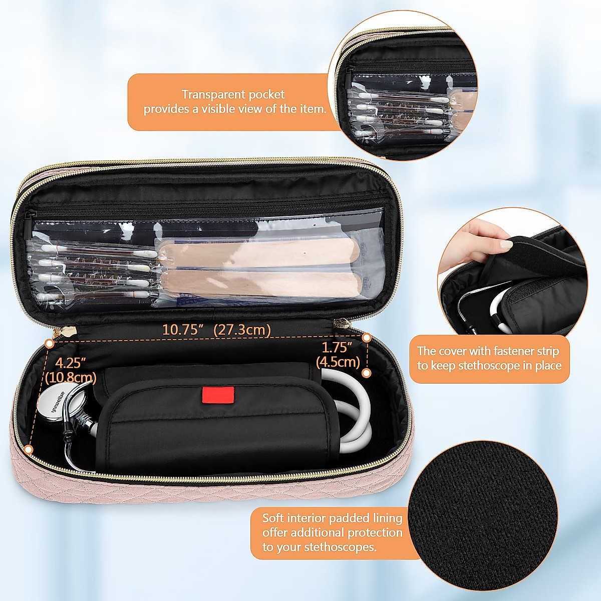 Damero Double Layer Stethoscope Case Compatible with 3M Littmann/ADC/Omron Stethoscope, Stethoscope Carrying Case Travel Bag for Nurse Accessories, Misty Rose