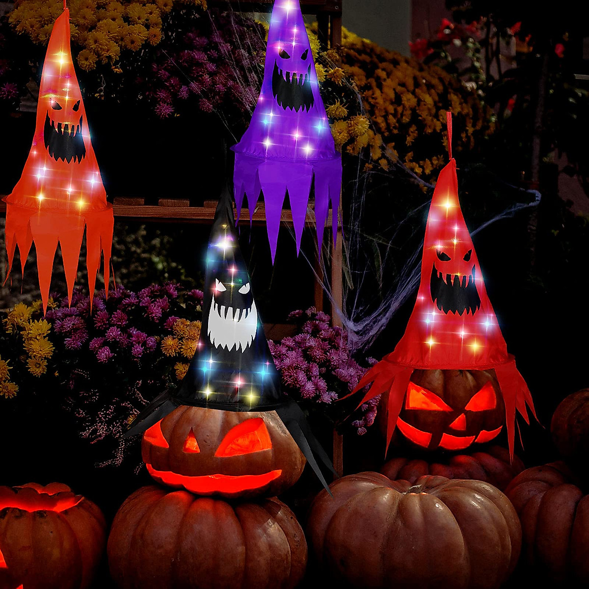 8 Pieces Halloween Witch Hat Decorations Witch Hats String Light Halloween Witch Decorations for Garden, Indoor, Yard, Tree, Party, Suitable for Ages 8 and up(Ghost Style)