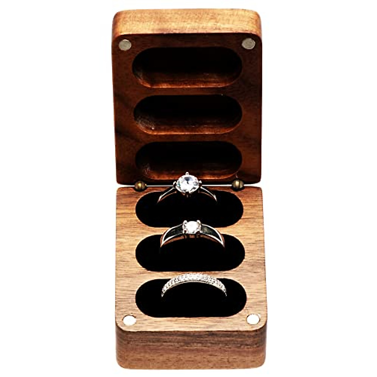 COSISO Walnut Wooden Wedding Ring Storage Box,Solid Ring Holder for Ring 3 Slots Wedding Ceremony Engagement Birthday (Black Inner)