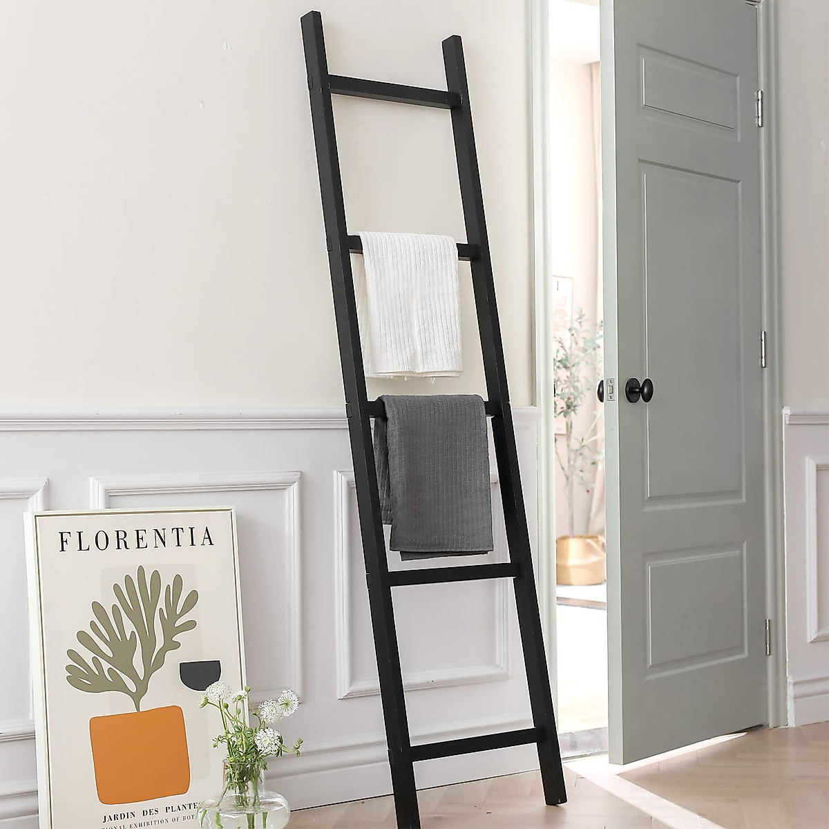 FUIN 6.3 ft (76") Wood Blanket Ladder Living Room Decorative Wall Leaning Farmhouse Quilt Display Holder Rustic Wooden Towel Rack for Bathroom, Black