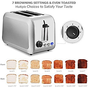 Toaster 2 Slice Wide Slot, CUSIBOX Stainless Steel Toaster Bread Toaster with Removable Crumb Tray, 7 Bread Browning Settings, REHEAT/DEFROST/CANCEL Function, 750W, ST013