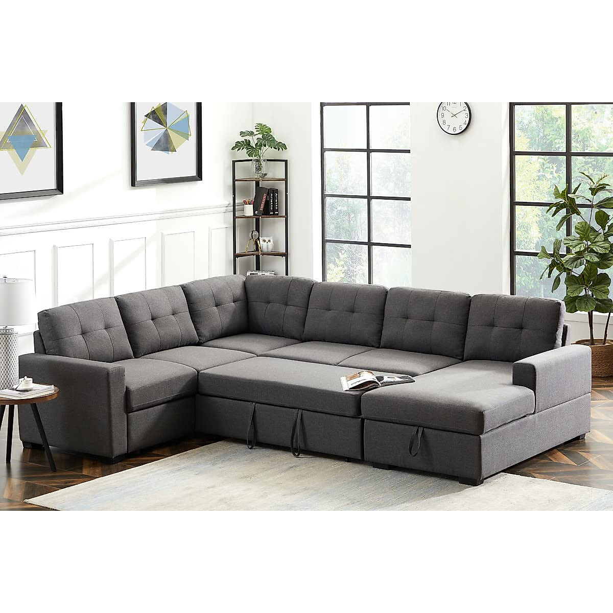 U-Shaped Corner 6 Seater Sofa & Couch Convertible Sleeper Sectional Sofa with Pull Out Sofabed & Sleeper Couch Bed and Storage Chaise for Home Office Apartment Living Room Furniture Sets, Dark Gray