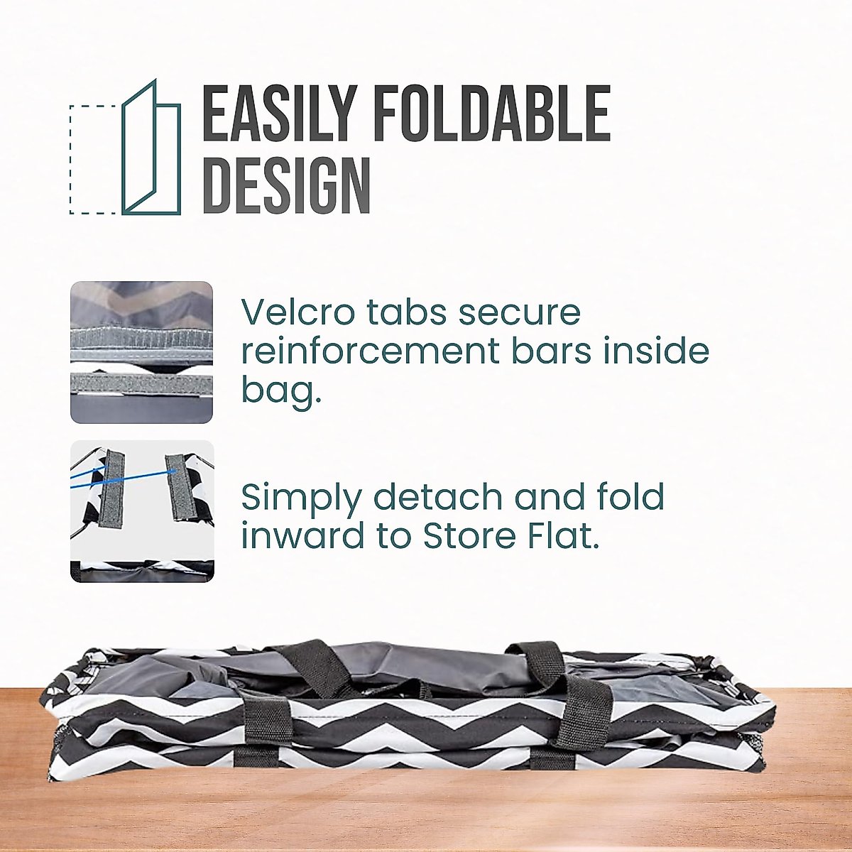 Lucazzi Extra Large Utility Tote Bag - Oversized Collapsible Reusable Wire Frame Rectangular Canvas Basket With Two Exterior Pockets For Beach, Pool, Laundry, Car Trunk, Storage - Chevron Black