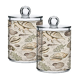 Kigai 2PCS Vintage Seashells Qtip Holder Dispenser with Lids - 14 oz Bathroom Storage Organizer Set, Clear Apothecary Jars Food Storage Containers, for Tea, Coffee, Cotton Ball, Floss