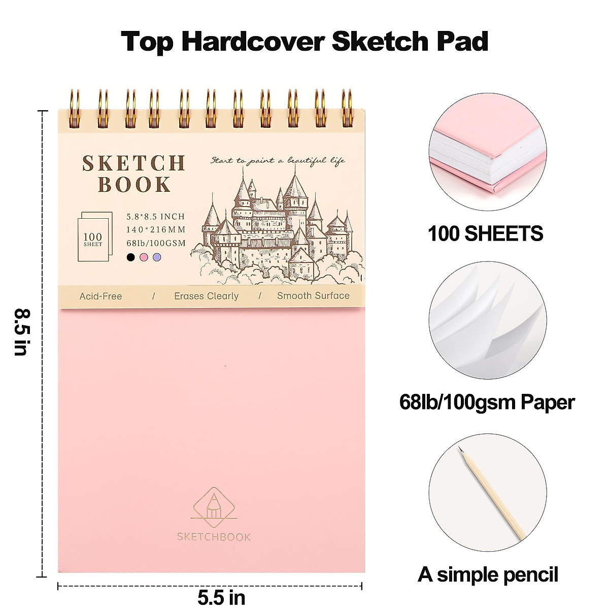 Yoment Sketchbook for Drawing Top Spiral Bound Sketch Pad for Kids 5.5" x 8.5" Hardcover Sketch Book(68lb/100gsm) Small Artist Drawing Blank Paper Notebook for Painting Sketching Pad with Pencil, Pink