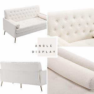 ZH4YOU 60" W Loveseat Sofa, Modern Sherpa Couch with Arms and 2 Throw Pillows, Fluffy Button Tufted Love Seat for Living Room, 2-Seater Comfy Small Couch for Bedroom Living Room, White