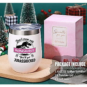 Fimibuke Mom Gifts for Mothers Day from Daughter Son Kids, 12 Oz Wine Tumbler Birthday Gifts for Mom, Her, Mother, Mother-in-Law, Wife, Women, Insulated Coffee Cup Present Gifts Boxed (A1.Mamasaurus)