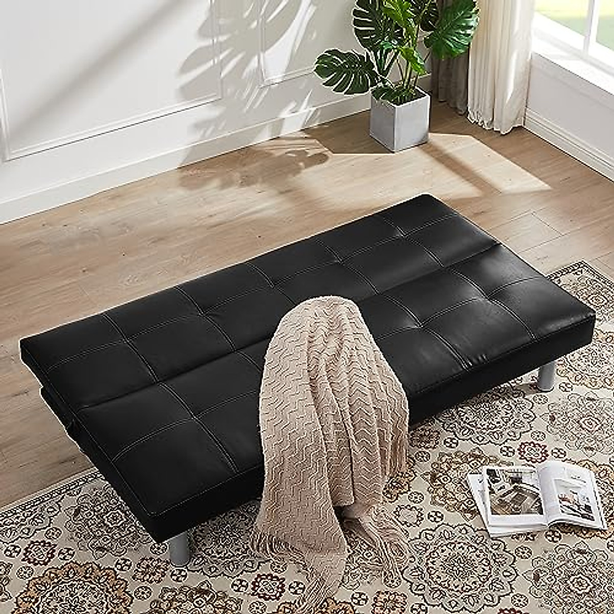 Eafurn Faux Leather Convertible Futon Sofa Adjustable Sleeper Couch Modern Home Recliner Reversible Loveseat Folding Daybed Guest Bed Small Sofabed with Metal Legs for Dorm, Apartment, Black 66.92"