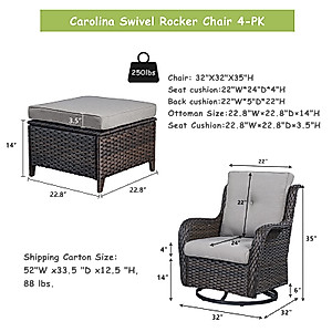 Rilyson Wicker Patio Furniture Set - 4 Piece Rattan Outdoor Patio Conversation Sets with 2 Swivel Rocking Chairs,2 Ottomans for Porch Deck Garden(Brown/Grey)