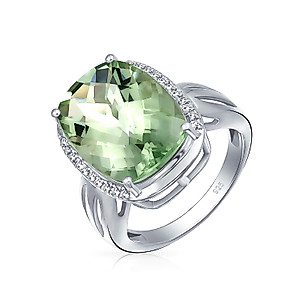 6CT Cushion Cut Natural Zircon Accented Gemstone Light Green Solitaire Statement Prasiolite Ring For Women .925 Sterling Silver Split Shank August Birthstone