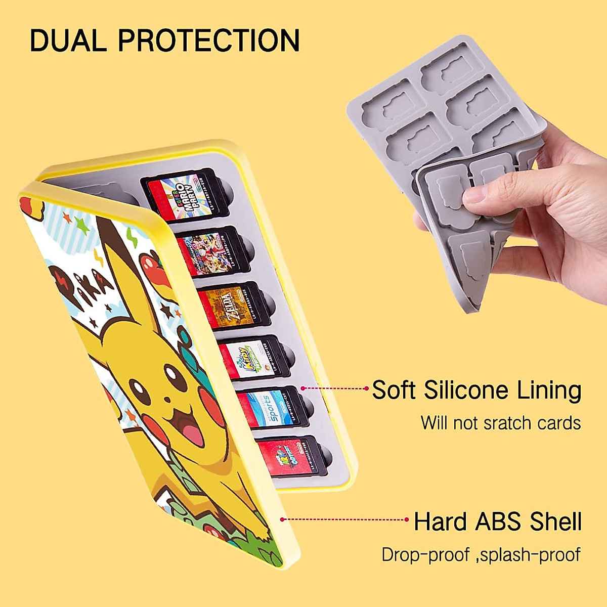 PERFECTSIGHT switch game card witch 12 or 24 or 48 slot holder (Yellow Pika, 24 Slots)